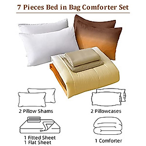 Gradient Brunt Orange Comforter Set Queen 7 Pieces Ombre Abstract Bed in a Bag Set for All Season - Lightweight Microfiber Bedding Set with Comforter, Pillowcases, Pillow Shams, Flat/Fitted Sheet