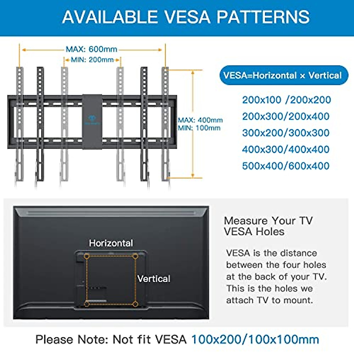 PERLESMITH Fixed TV Wall Mount Bracket Low Profile for 32-82 inch LED, LCD, and OLED Flat Screen TVs - Fits 16”- 24” Wood Studs, Fixed TV Mount with VESA 600 x 400mm Holds up to132lbs (PSLLK1), Black