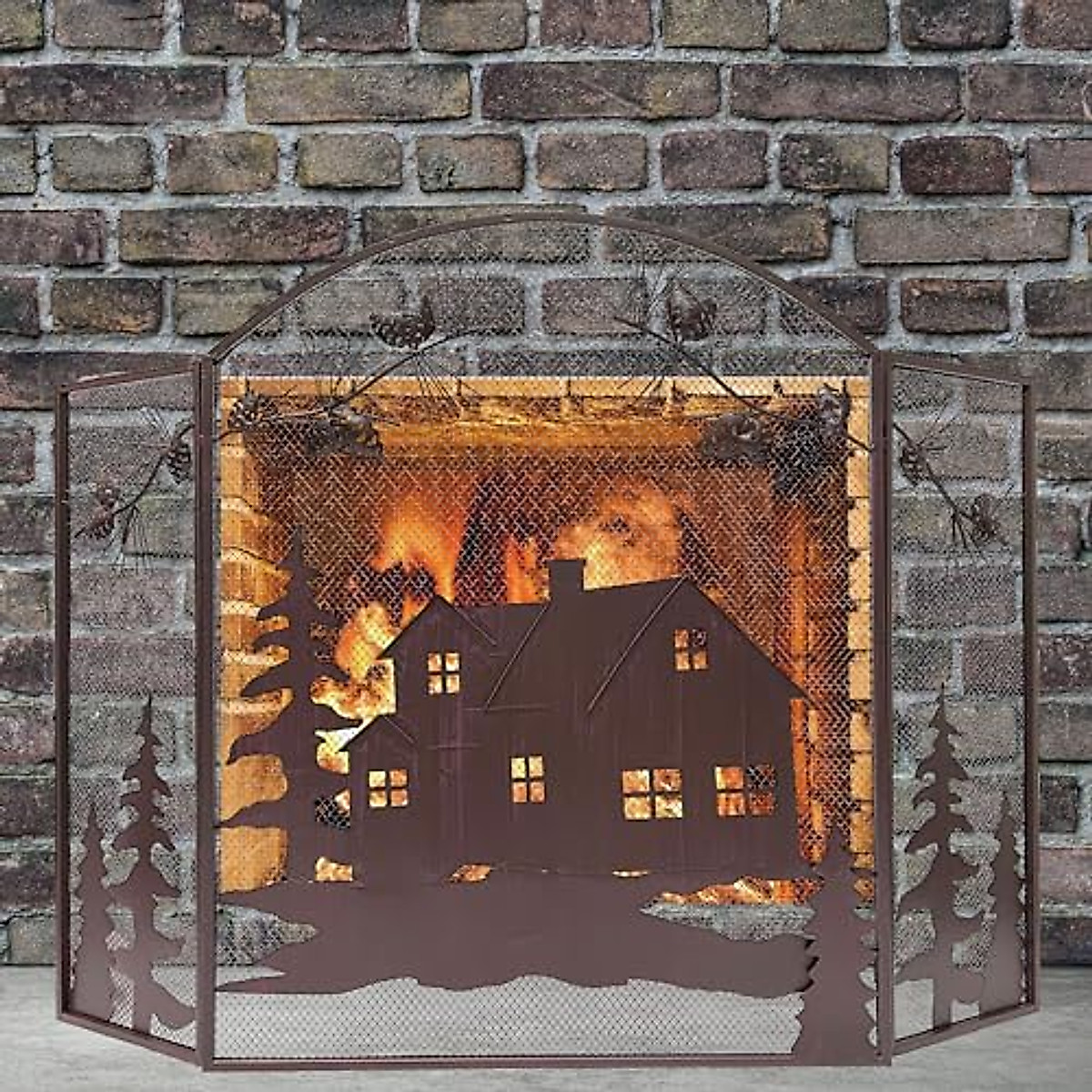 BestGiftEver 3-Panel Fireplace Screen Decorative with House Cabin Lodge Pine Cone Design - Stand Alone Fireplace Cover Metal Mesh Screen - Home Decorative Firescreen forRustic Western Country Style