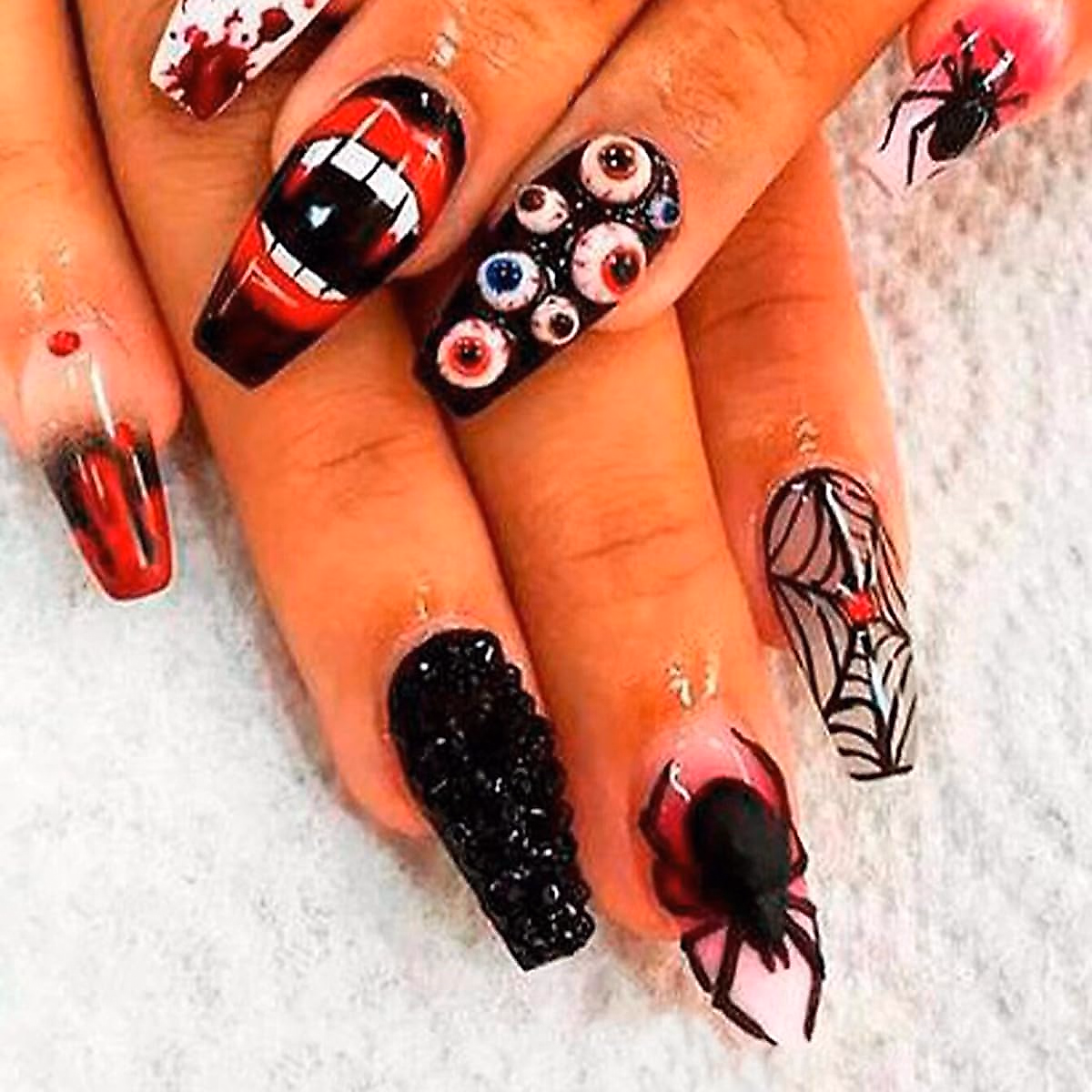 Halloween Press on Nails Medium Coffin Fake Nails Spider Eyeball Halloween Nails Press on Bloodstain Spider Web Acrylic Full Cover False Nails with Designs Gloosy Glue on Nails for Women&Girls 24PCS