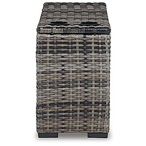 Signature Design by Ashley Harbor Court Outdoor Resin Wicker Handwoven Over Rust-Free Aluminum Framed Console with 2 Drink Holders, Gray