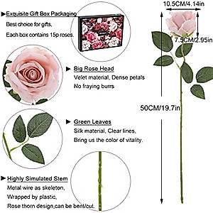 Cloudecor 15Pcs Artificial Roses Velet Real Touch Single Stem Fake Roses Silk Realistic Bouquet Flowers Arrangements Home Office Garden Grave Party Wedding Decoration(Light Pink-15p, Blossom Roses)