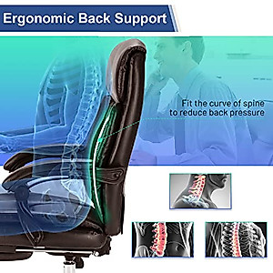 Executive Office Chair, Ergonomic Big and Tall Leather Swivel Rolling Managerial Reclining Computer Desk Task Chair, Adjustable High Back Recliner Chair with Padded Armrests and Retractable Footrest