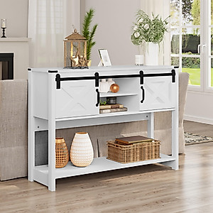 RoyalCraft Farmhouse Entryway Table with Storage, 46" Console Table with Sliding Barn Door, Wood Rustic Sofa Table with Adjustable Shelf for Hallway, Living Room, Foyer, White
