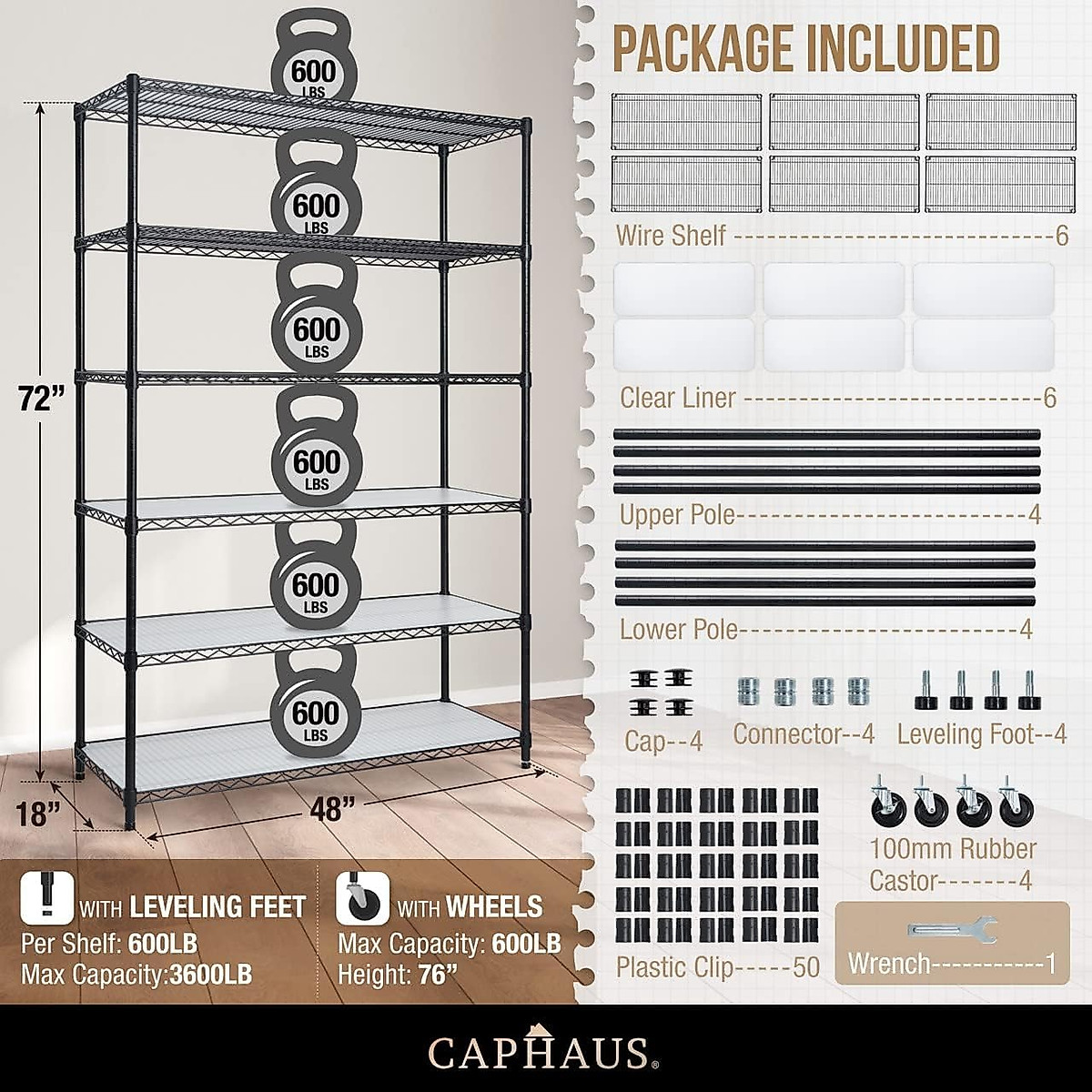 CAPHAUS NSF Commercial Grade Heavy Duty Wire Shelving w/Wheels, Leveling Feet & Liners, Storage Metal Shelf, Garage Shelving Storage, Utility Wire Rack Storage Shelves, w/Liner, 48 x 18 x 76 6-Tier
