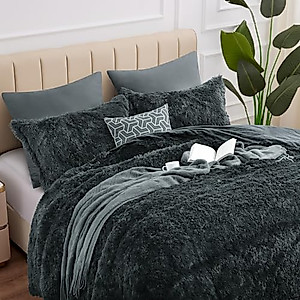 Aisbo Faux Fur Duvet Cover King - Fuzzy Plush Shaggy Duvet Cover King Size with Button Closure, Soft Fluffy Comforter Cover Set 104x90 Inches with 2 Pillow Shams for Winter, Grey