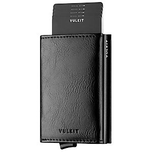 VULKIT Pop up Wallet RFID Blocking Leather Credit Card Wallet with Banknote Compartment, ID Window & Coin Pocket (Black)