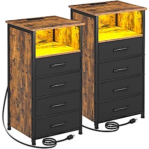 LOAKEKEL Night Stand Set 2, Tall Nightstand with Charging Station, Dresser for Bedroom with 4 Drawers, LED End Tables with USB Ports and Outlets, Bedside Table with Storage Bins, Brown, HNS034BR