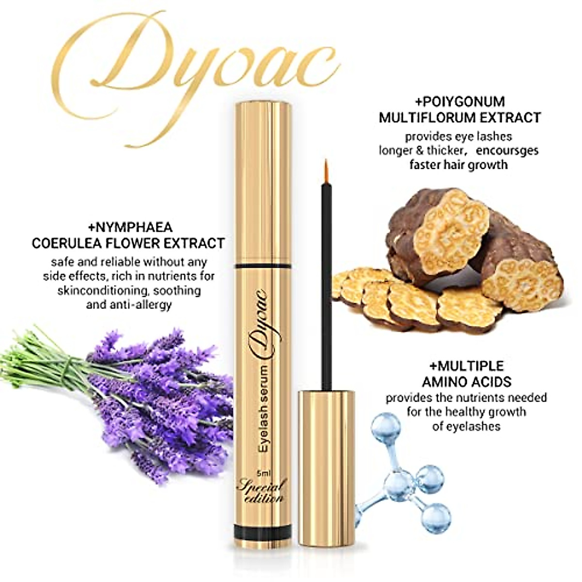 Premium Eyelash Growth Serum - 5ml Fuller & Longer Looking Eyelashes Lash Enhancing Serum for Natural Lashes or Lash Extensions & Brows, Vegan & Cruelty-Free gold