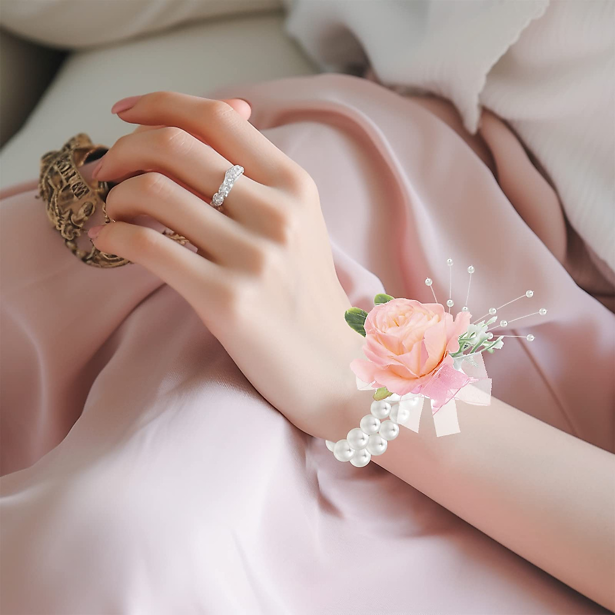 SNAIL GARDEN 12Pcs Elastic Pearl Wrist Corsage Bands, Wrist Corsage Bracelets with 12Pcs Pearl String, Faux Pearl Bead Corsage Accessories Bracelets for Wedding Prom Bride Bridesmaid Handmade Corsage