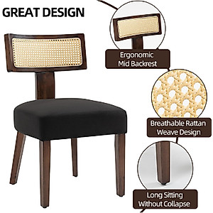 WQSLHX Rattan Dining Chairs Set of 6, Modern Kitchen Dining Room Chair with Curved Cane Back & Hardwood Frame in Dark Walnut Finish, Black Linen Upholstered