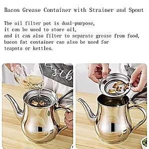 Stainless Steel Oiler with Strainer, Bacon Grease Container with Strainer and Spout, Reusable Stainless Steel Oiler for Bacon Grease, 304 Stainless Steel Oil Strainer Pot for Kitchen (24 oz)