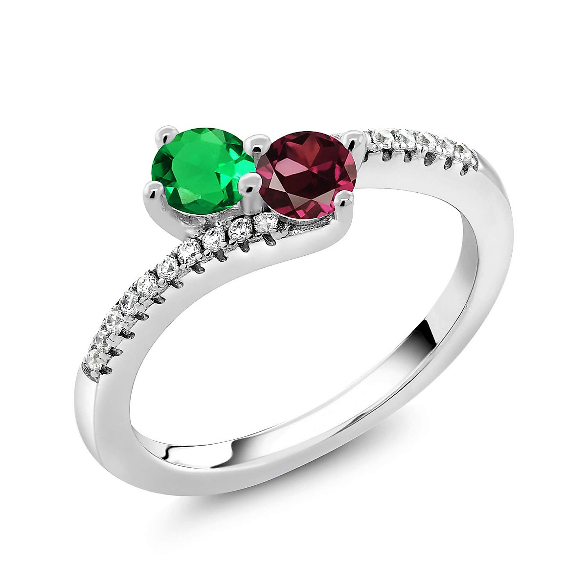 Gem Stone King 925 Sterling Silver Green Nano Emerald and Red Rhodolite Garnet Bypass Ring For Women (0.91 Cttw, Gemstone May Birthstone, Round 4MM, Available In Size 5, 6, 7, 8, 9)