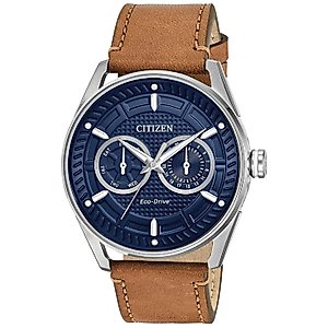 Citizen Men's Eco-Drive Weekender Watch in Stainless Steel with Brown Leather Strap, Blue Dial, 42mm (Model: BU4020-01L)