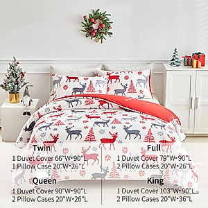 Rvciby Christmas Reindeer Duvet Cover Full Size,Soft and Breathable Microfiber Xmas Trees Pattern Printed Bedding Set,3 Pieces,1 Duvet Cover with Zipper Closure & Corner Ties and 2 Pillow Shams