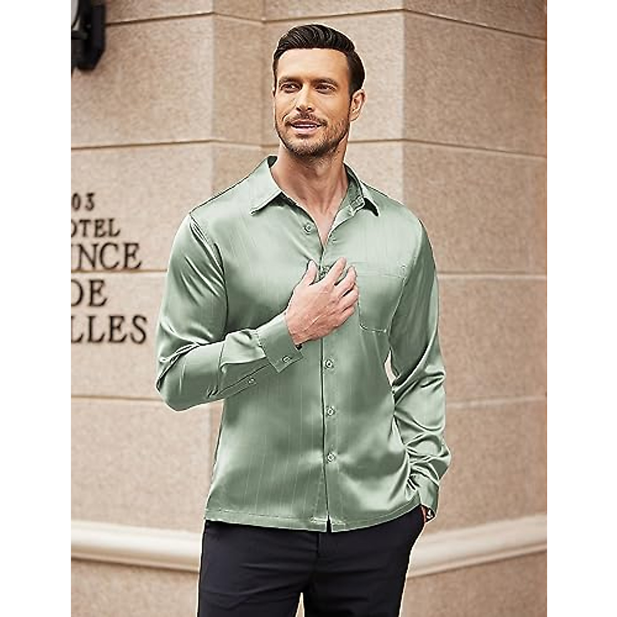 COOFANDY Button Down Shirts for Men Satin Silk Luxury Long Sleeve Shirt Party Wedding Prom (Light Green, Large)