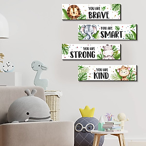 UBLURO 4 Pieces Jungle Animals Wall Art Decors - Motivational Wall Art，Jungle Animals Wooden Hanging Wall Prints Plaques，Jungle Animals Room Decor for Boys Room