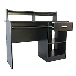XYZTech 43.3 Inch Home & Office Computer Desk with Drawer Wooden Writing Study Computer Table with Slide-Out Keyboard Tray Shelf Workstation with Open Shelves, 15mm MDF Board (Black)