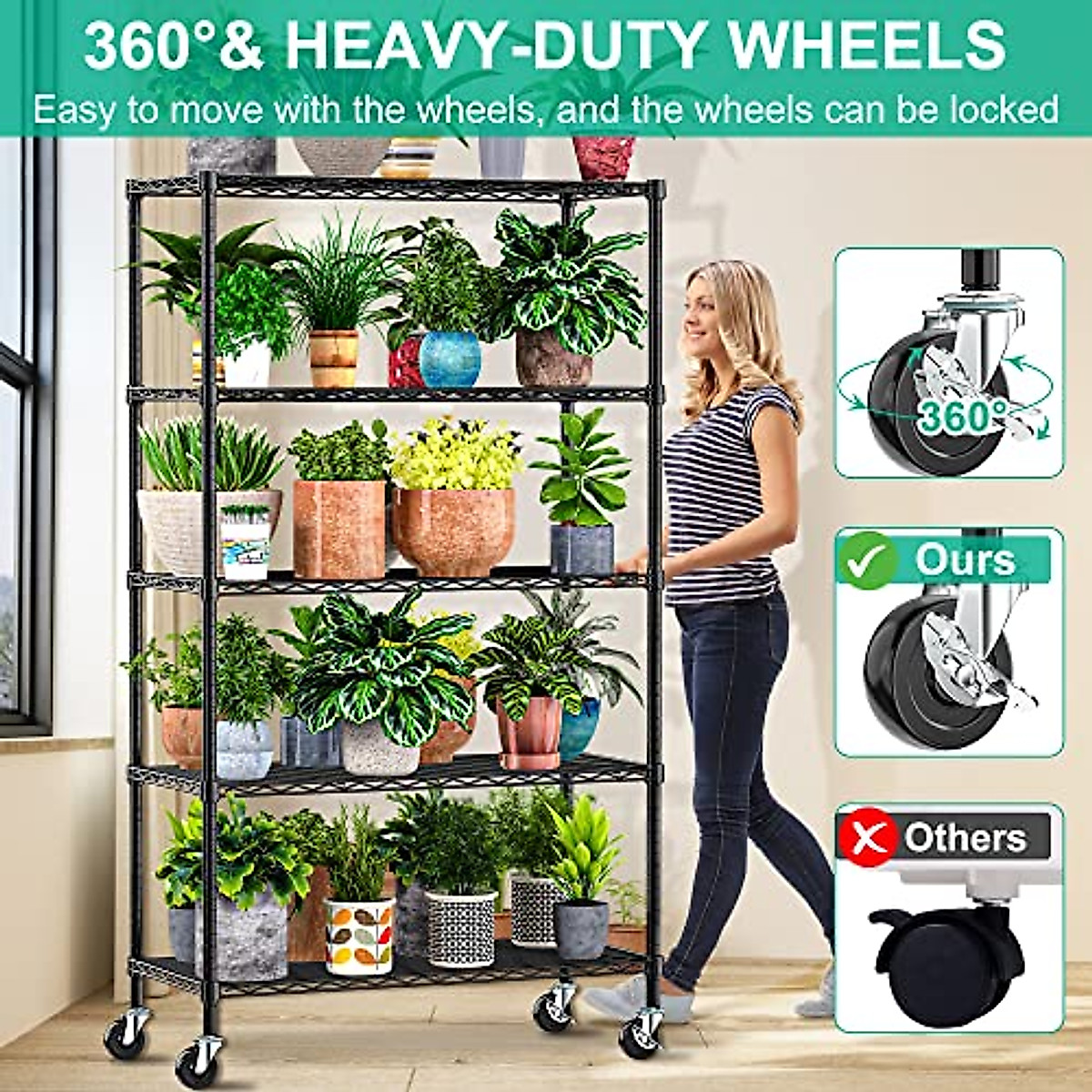 5 Tier Storage Shelves with Wheels - Metal Shelves for Storage Heavy Duty Adjustable Wire Shelving Unit Storage Shelf Organizer Storage Rack for Kitchen Garage Pantry Closet Laundry(36L x 14W x 75H)