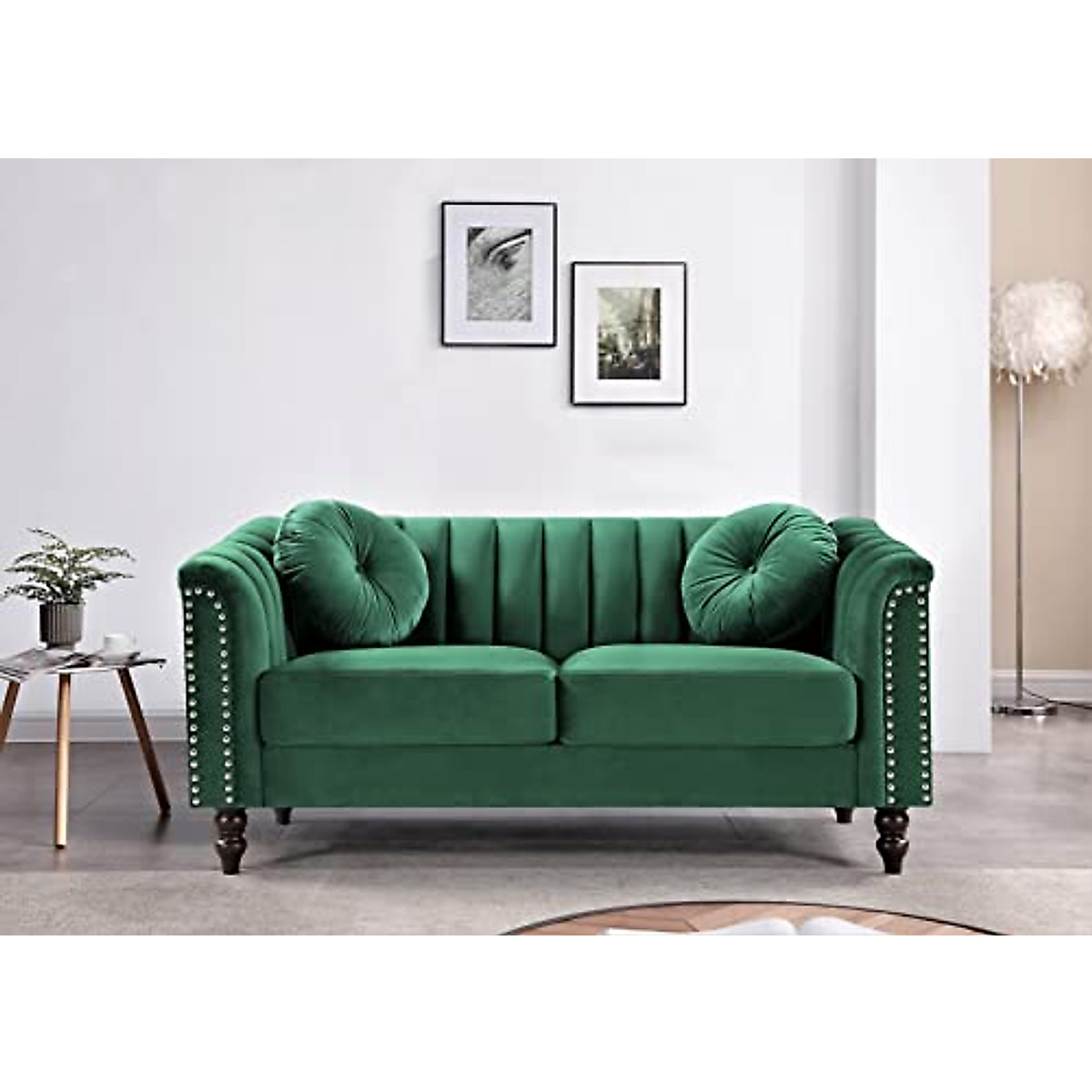 Container Furniture Direct Tufted Velvet Sofa with Removable Cushions and Turned Wood Legs, Elegant Living Room Furniture for The Modern Home, 61.4 Inch Loveseat, Green