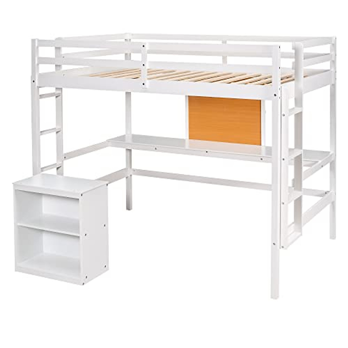 Lifeand Full Size Loft Bed with Desk and Writing Board, Wooden Loft Bed with Desk & 2 Drawers Cabinet,White