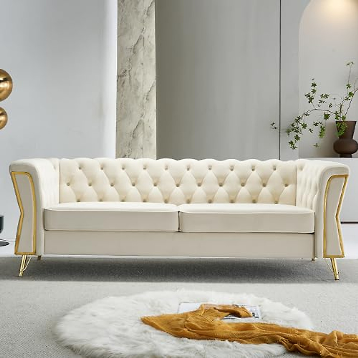 Tmsan 87.4" Velvet Sofa Couch, Mid-Century Modern Chesterfield Loveseat Classic Button Tufted 2 Seater Couch with Golden Legs for Living Room Office Bedroom (Beige)