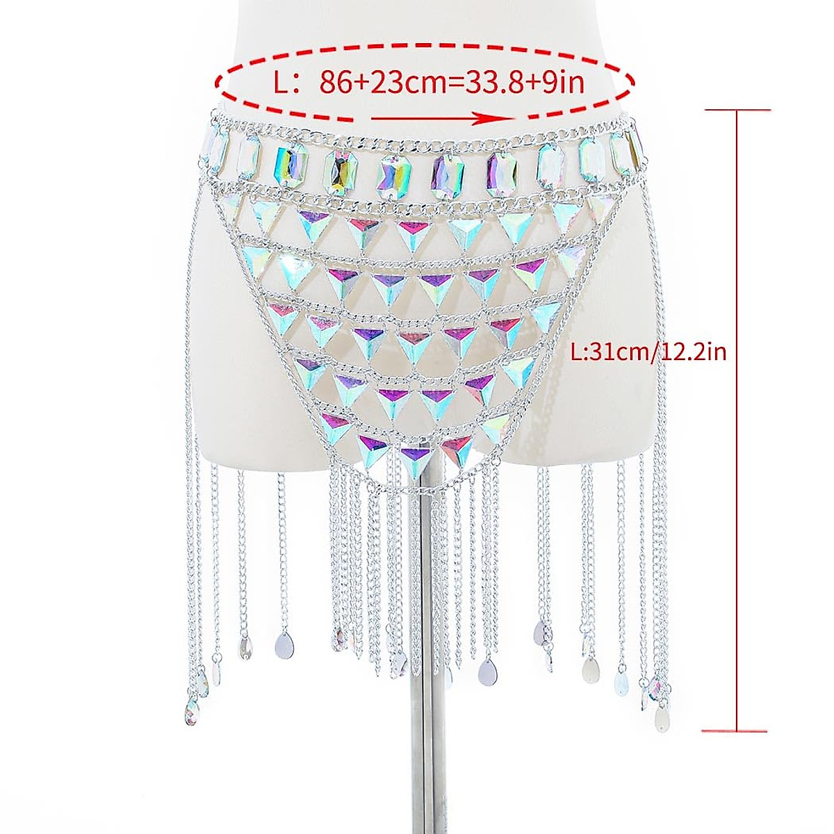 Salliy Rhinestone Waist Body Chains Skirt Silver Sexy Belly Chain Dress Summer Belly Belt Chain Jewelry Rave Festival Outfits for Women and Girls