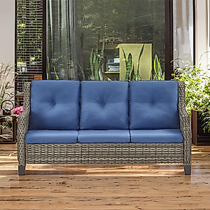 Bellefurn Patio Sofa Couch Outdoor Wicker Sofa PE Rattan 3-Seat Couch with Curved Armest Water Resistant Cushions for Garden Balcony Sunroom Poolside, Grey Wicker|Blue Cushions, Sofa(1PC)