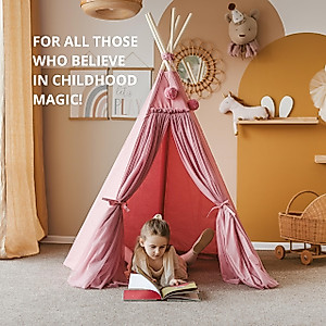 MINICAMP Teepee Tent - Handmade Canvas, Tulle & Wooden Playhouse for Kids & Toddlers, Princess Sleepover Tent (Pink)