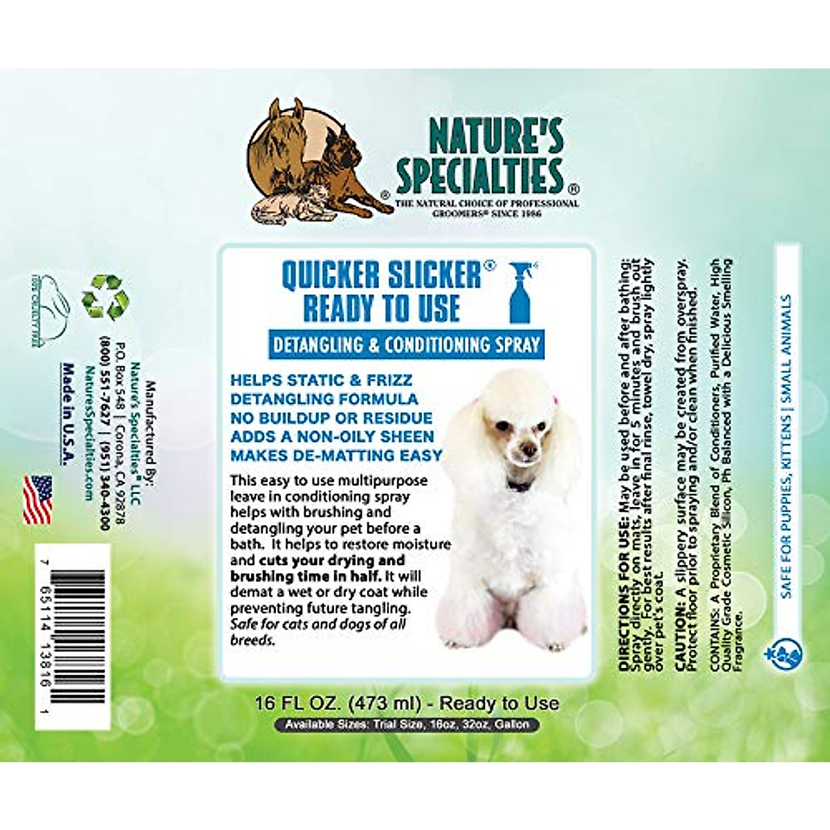 Nature's Specialties Quicker Slicker Ready to Use Detangling and Conditioning Spray, Natural Choice for Professional Groomers, Helps Restore Moisture, Made in USA, 16 oz
