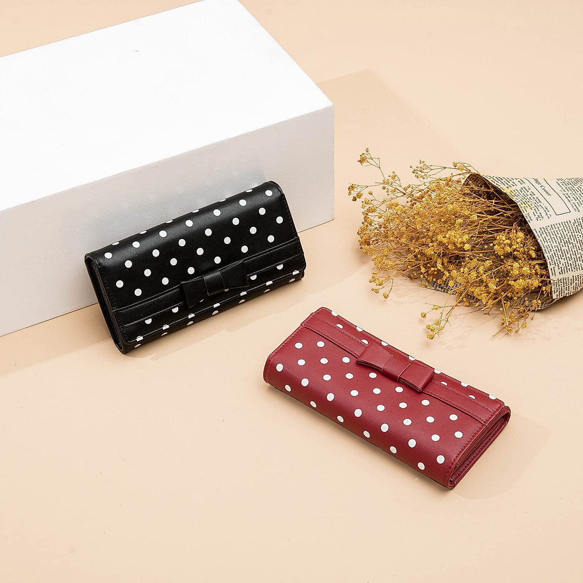 ROYALFAIR Polka Dot Wallet for Women, PU Leather Lady Purse with Cute Bowtie Card Holder Money Manager with ID Window (White Dots in Red)