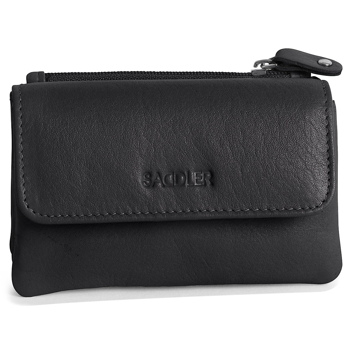 SADDLER Womens Luxurious Leather Flapover Coin Purse | Designer Ladies Triple Gusset Change Pouch with Zip |Gift Boxed - Black
