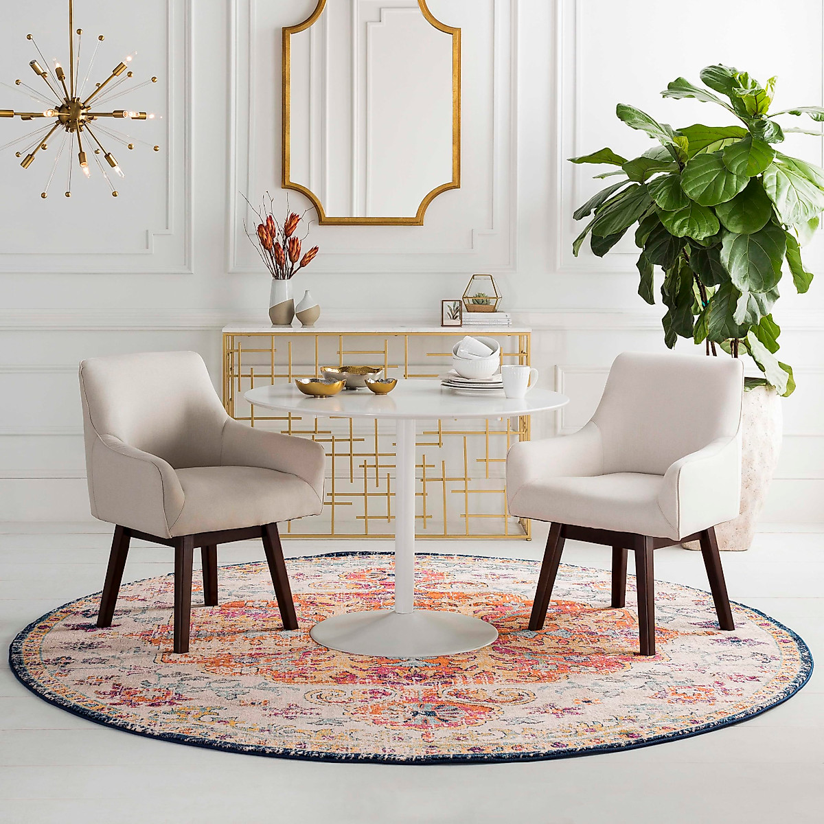 Mark&Day Area Rugs, 4ft Round Olivia Traditional Saffron/Navy Area Rug, Blue Off-White Orange Carpet for Living Room, Bedroom or Kitchen (4' Round)