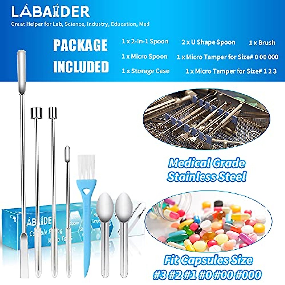 Capsule Filling Machine Tools Kits Micro Tiny Spoon Spatula, Lab Scoop Filling Tray, Herb Powder Tamper Tool for Lab Capsule Filler Pill Maker, Fit Empty Capsules Sizes 000 00 0 1 2 3