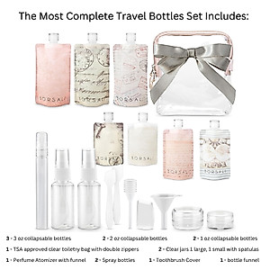 BORSALI Travel Bottles for Toiletries, TSA Approved 3 oz Travel Size Containers for Liquids, Flat Refillable Empty Squeeze Pouches for Shampoo & Conditioner, 18 Piece Set with TSA Approved Bag - Taupe