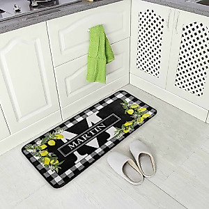 Custom Family Name Buffalo Plaid with Lemon Doormat Non-Slip Anti Fatigue Personalized Kitchen Rug 39 x 20 Inch Personalized Comfort Entryway Door Mats Perfect Carpet for Home Decor
