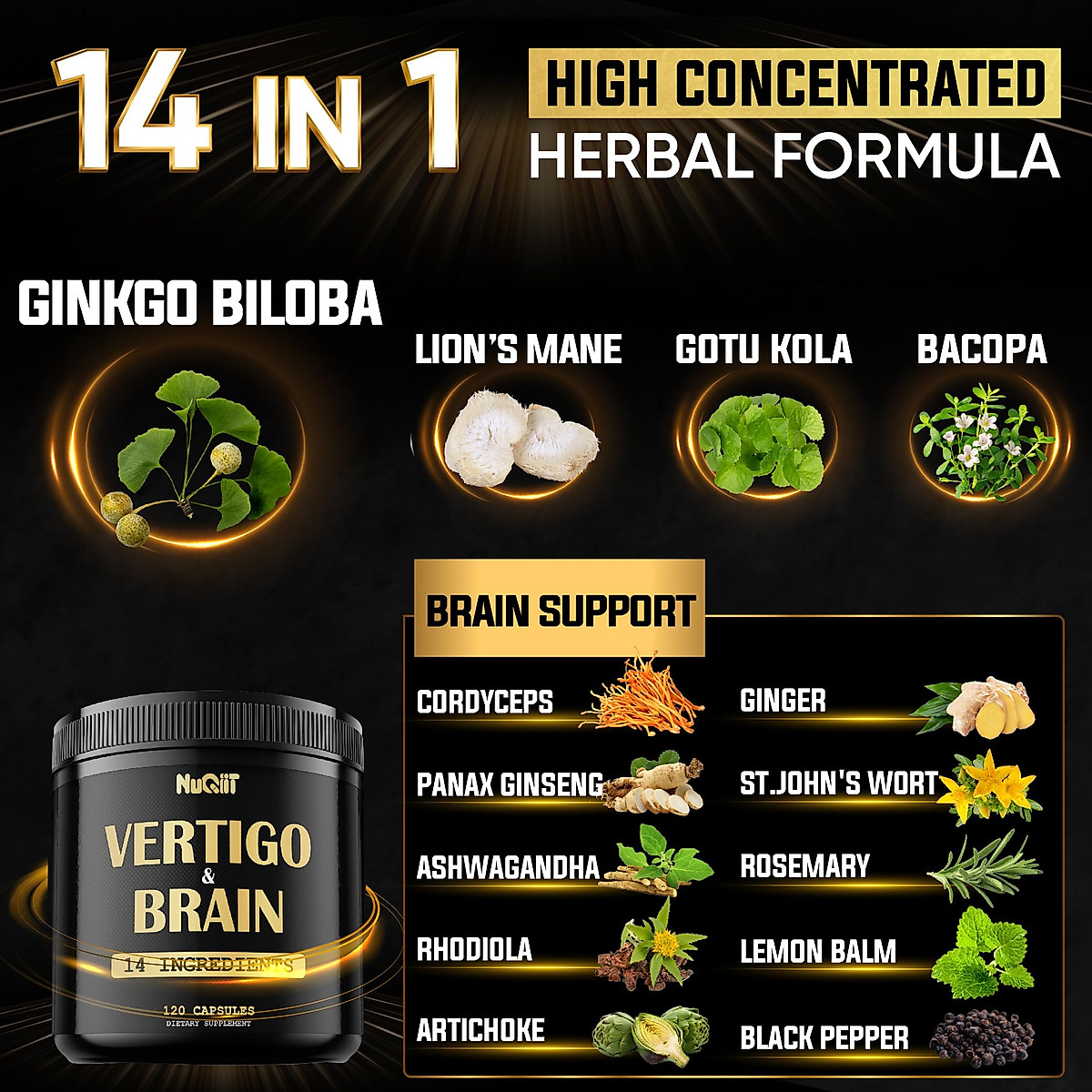 NUQIIT Vertigo & Brain Supplement with Ginkgo Biloba Leaf 10500mg Lions Mane 4500mg & More - Support Memory, Focus & Brain Health - 120 Capsules for 2-Month Supply