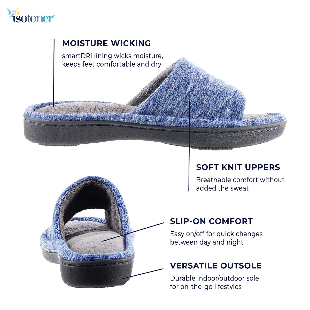isotoner womens Space Dyed Andrea With Moisture Wicking for Indoor/Outdoor Comfort and Arch Support Slide Slipper, Sapphire, 6.5-7 US