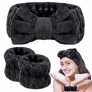 BESARME 3 Pieces Face Wash Headband and Wristband Set Spa Headband Makeup Skincare Headbands Hair Accessories for Women Wrist Towels Wrist Bands for Washing Face (Black)