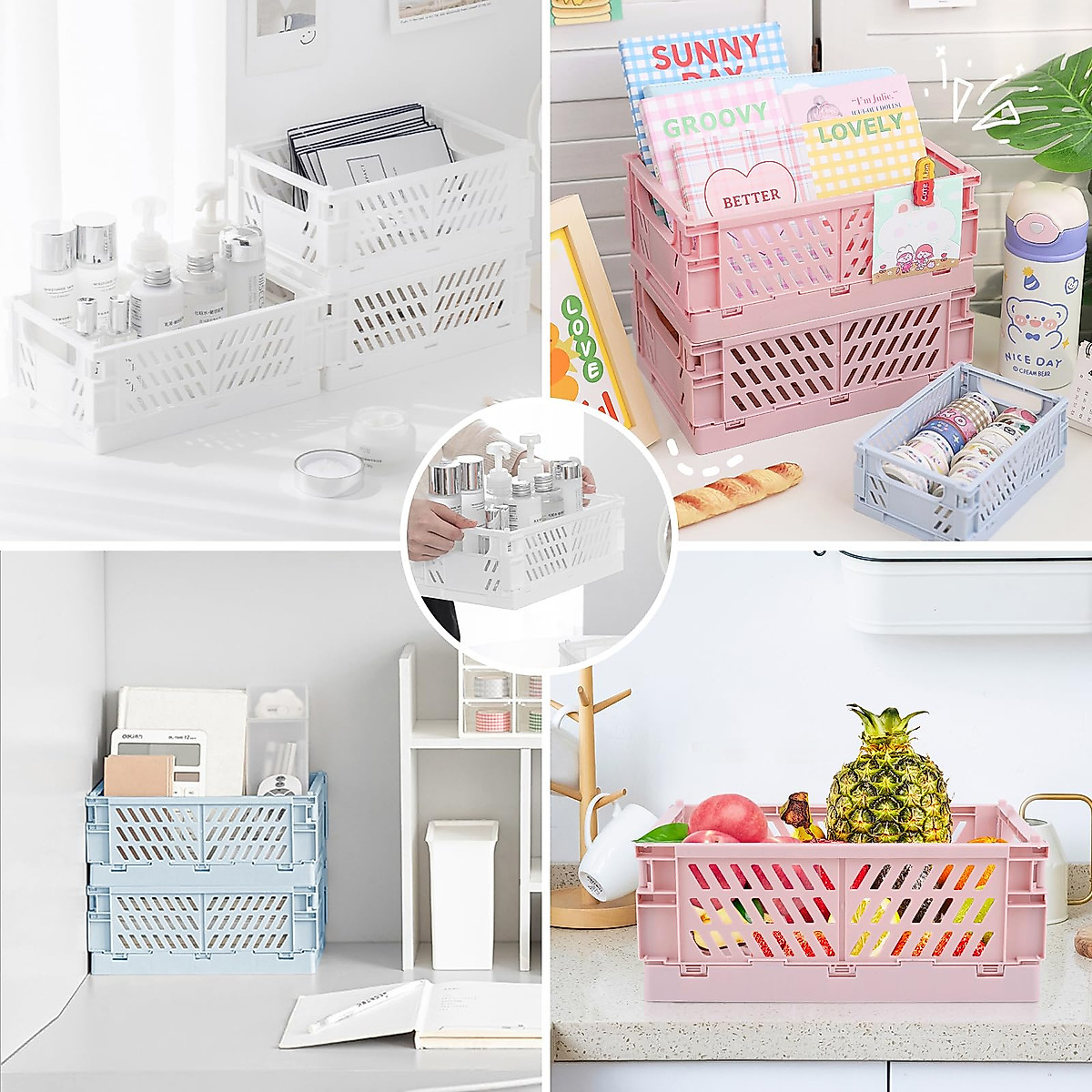 Weraher Plastic Baskets for Desk Organizing, Drawer Organizer, 2 Medium+2 Small Durable Folding Storage Crate for Home Kitchen Classroom Office Bedroom and Bathroom (Pink)