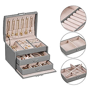 BEWISHOME Jewelry Box for Girls Women,3 Layers Jewelry Organizer Box Gifts for Girls Women, Mini Jewelry Travel Case with Lock, PU Leather Jewelry Case for Earrings, Rings, Necklaces Grey, SSH88H
