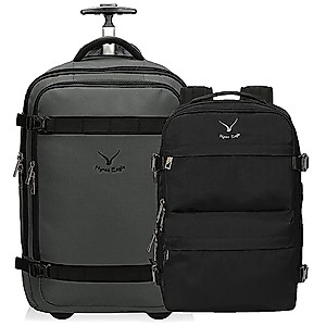 Hynes Eagle 2 in 1 Rolling Backpack 42L Backpack with Wheels Airline Approved Carry on Luggage Laptop Travel Backpack for Women Men Grey with 20L Personal Item Underseat Bag Black