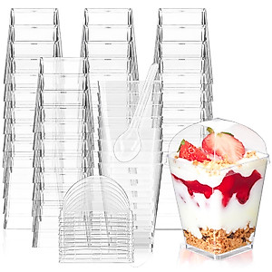 TOFLEN 50 Pack 5 oz Mini Dessert Cups with Lids and Spoons, Square Clear Plastic Dessert Shooters Party Serving Tumbler Cups for Parfait Appetizers & Dessert Shot Glasses (Dome)