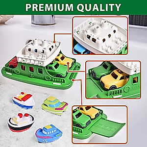 Toy Boat Bath Toys for Toddlers with 4 Mini Car Toys and 4 Bath Boat Squirters, Kids Ferry Boat for Bathtub Bathroom Pool Beach Toys