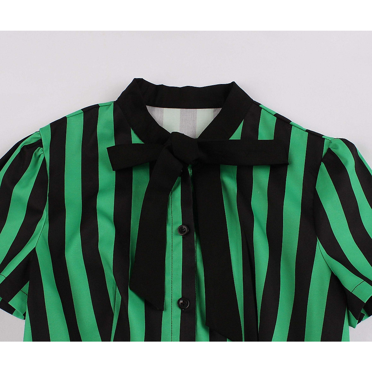 Wellwits Women's Tie Neck Halloween Gothic Black and Green Stripe Vintage Dress M