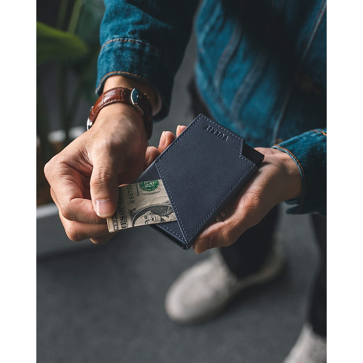 VULKIT Pop up Card Wallet RFID Blocking Slim Aluminum Metal Bank Card Holder Case with Business Money Pocket for Credit Cards Notes and Coins (Navy)