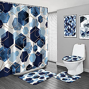 LQCOOL 4Pcs Blue Shower Curtain Set Modern Art Geometric Bathroom Set Navy Blue Abstract Bathroom Curtain Set with 12 Hooks, Bathroom Carpet Bath Mat and Toilet Rugs