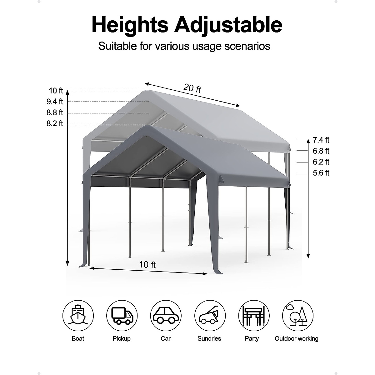 DEXSO Carport 10'x20' Heavy Duty Steel Canopy Height Adjustable & Portable Garage with Roll-up Ventilated Side Doors & Windows for Truck Boat Car Port, Party, Equipment Placement, Grey