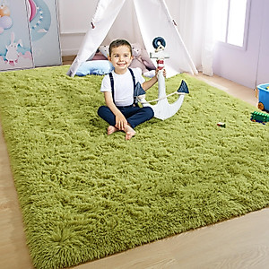 YJ.GWL Area Rugs for Living Room Bedroom, 4x6 Machine Washable Large Green Carpet, Soft Fluffy Shaggy Thick Big Shag Indoor Floor Rug for Kids Boy and Girls Room Dorm Home Decor Aesthetic