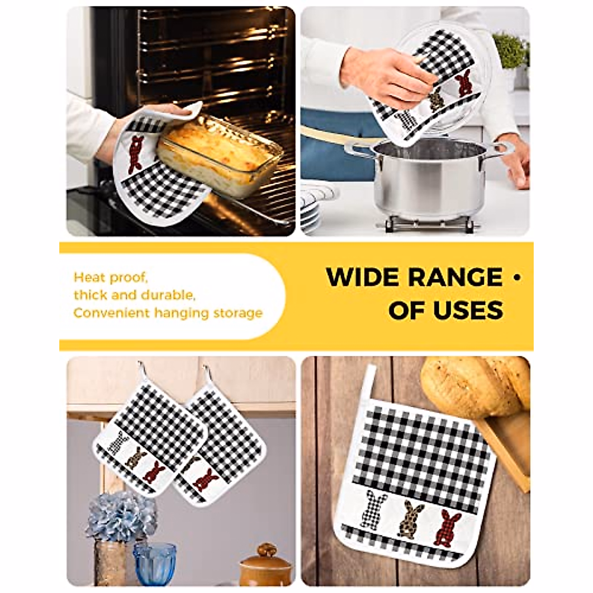 Pot Holder Set of 2 Happy Easter Bunny Black White Buffalo Grid Potholder Heat Proof Non-Slip Pot Holders,Leopard Rabbit Red Check Hot Pads Potholders for Kitchen Cooking Baking BBQ